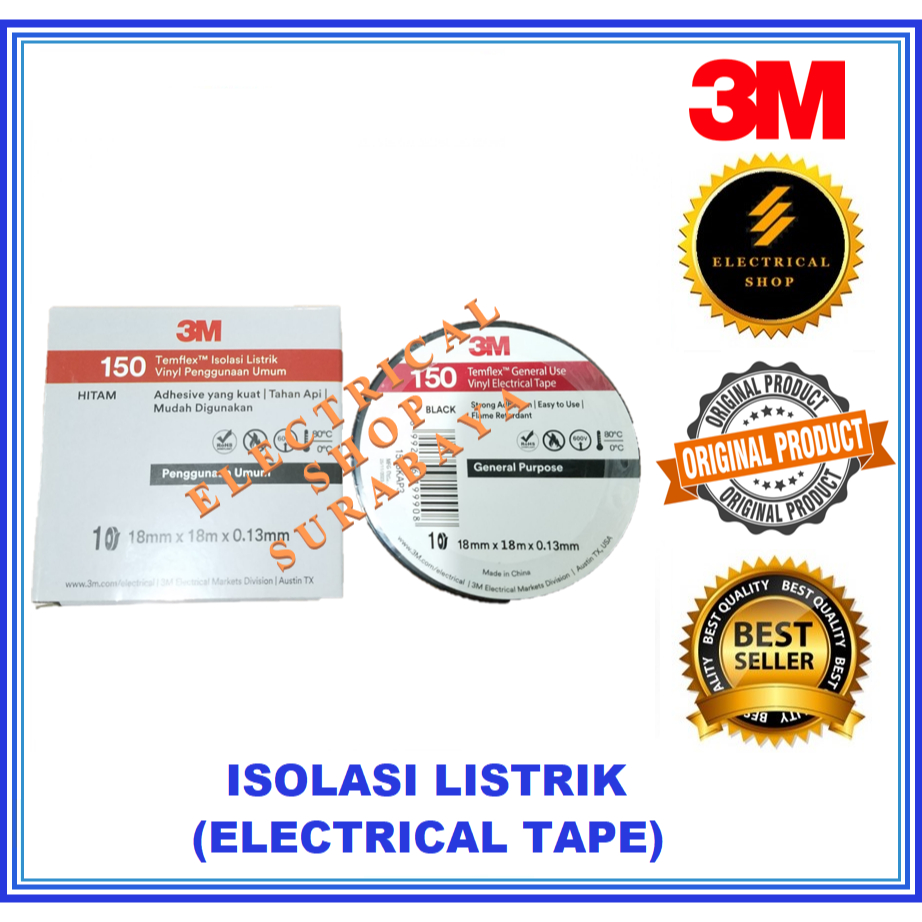 Jual 3M ISOLASI LISTRIK HITAM 150 TEMFLEX (GROSIR) SELOTIP PENGGANTI 1258 JR 1258JR ORIGINAL ...