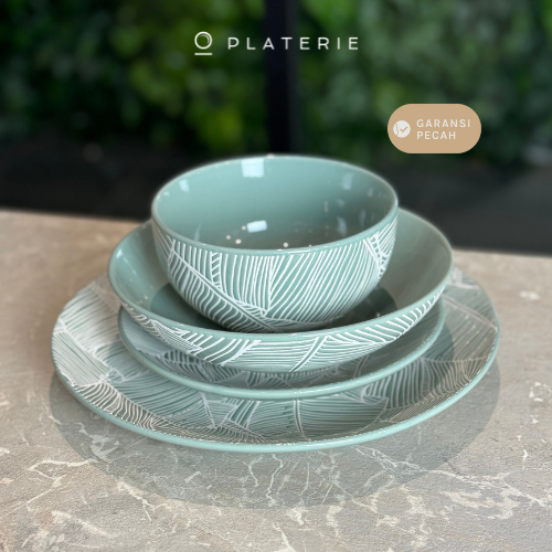 Jual PLATERIE Dinner Set Of 4 Piring/Mangkok Keramik Blue Palm Leaf ...