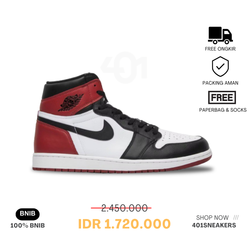 Jual Sepatu Nike Air Jordan 1 Retro High Black Toe Authentic 100 % BNIB ...