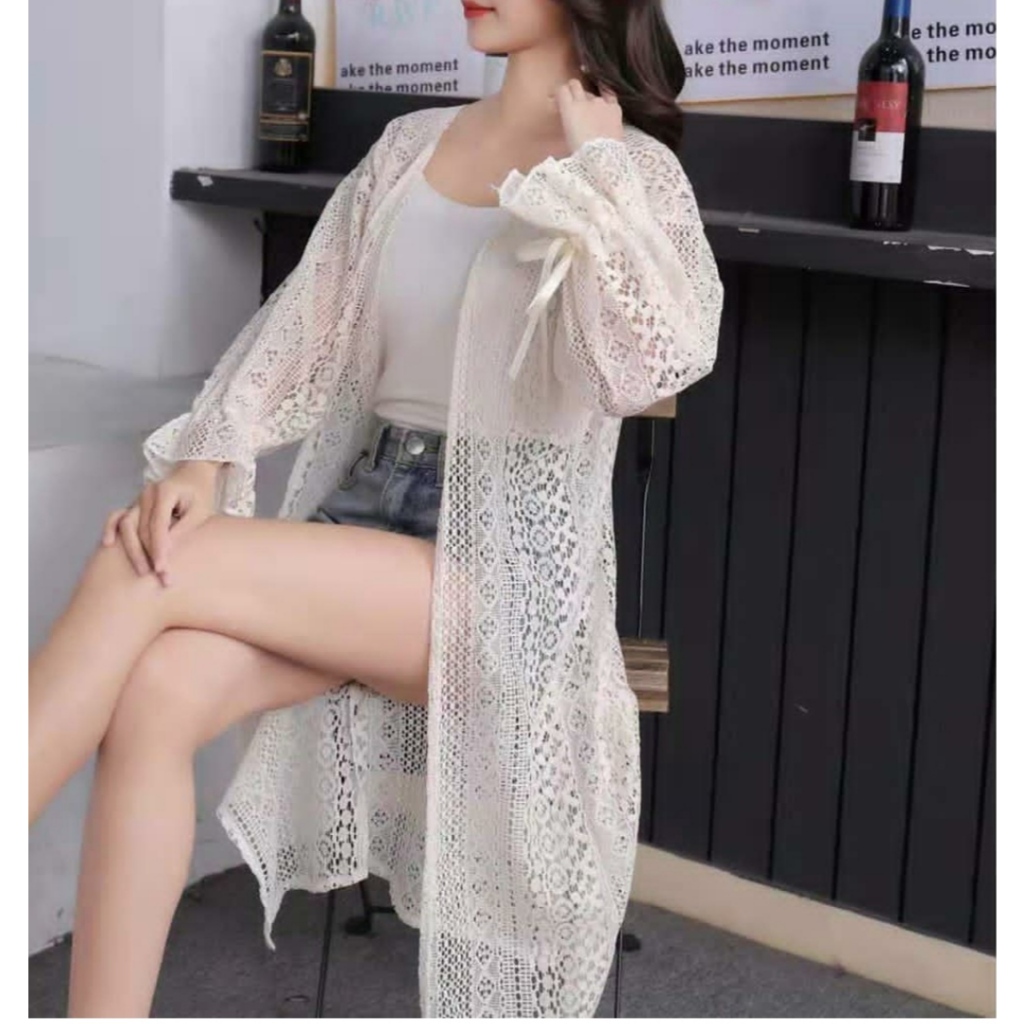 Jual Long Outer Cardigan Putih korean style Jumbo Lengan Panjang Pita ...