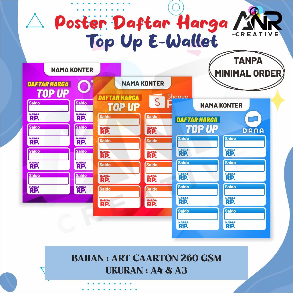 Jual Poster Topup Ewallet / Poster Daftar Harga Topup/ Poster Konter ...
