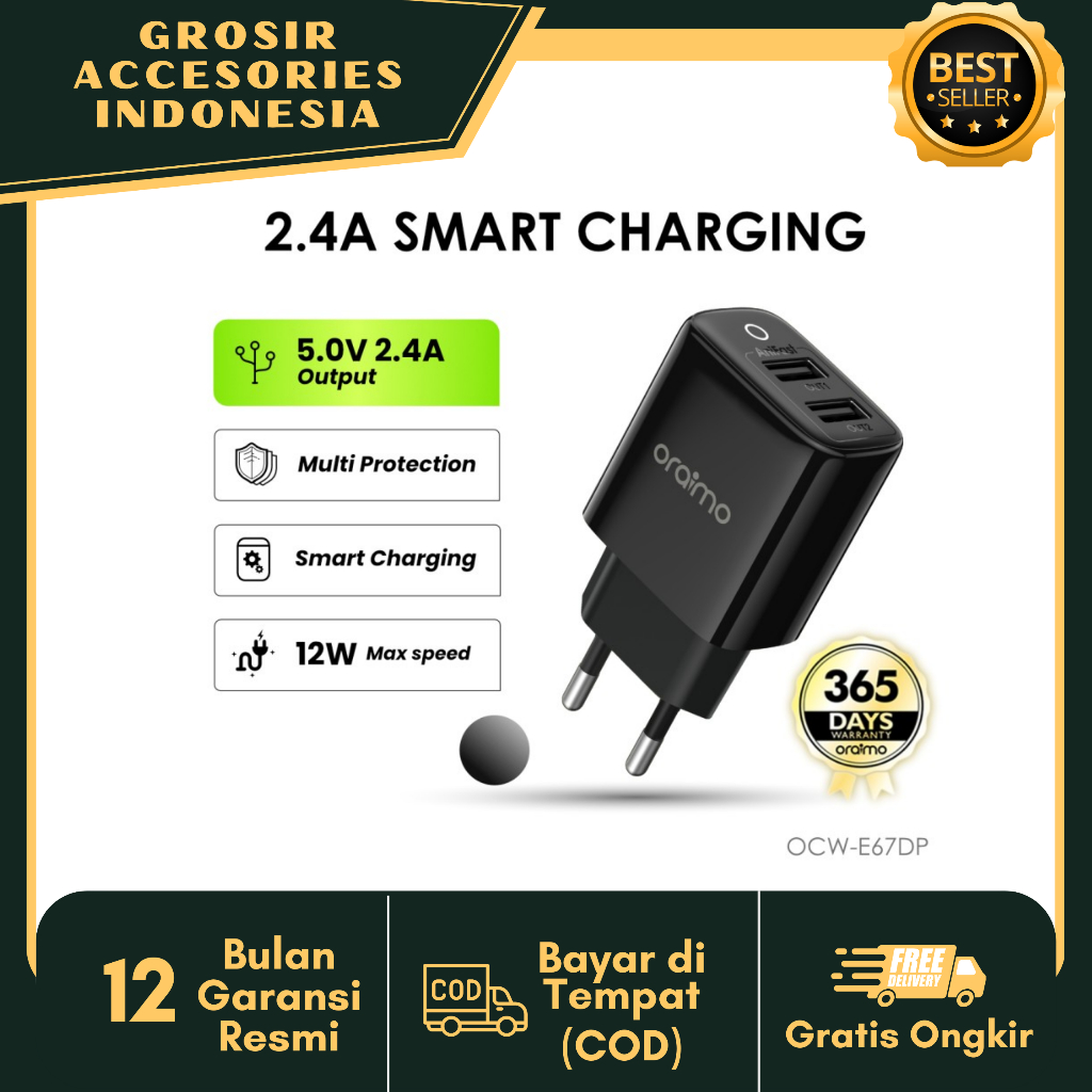 Jual Oraimo Batok Charger Wall Firefly 2U Dual Port Fast Charging USB ...