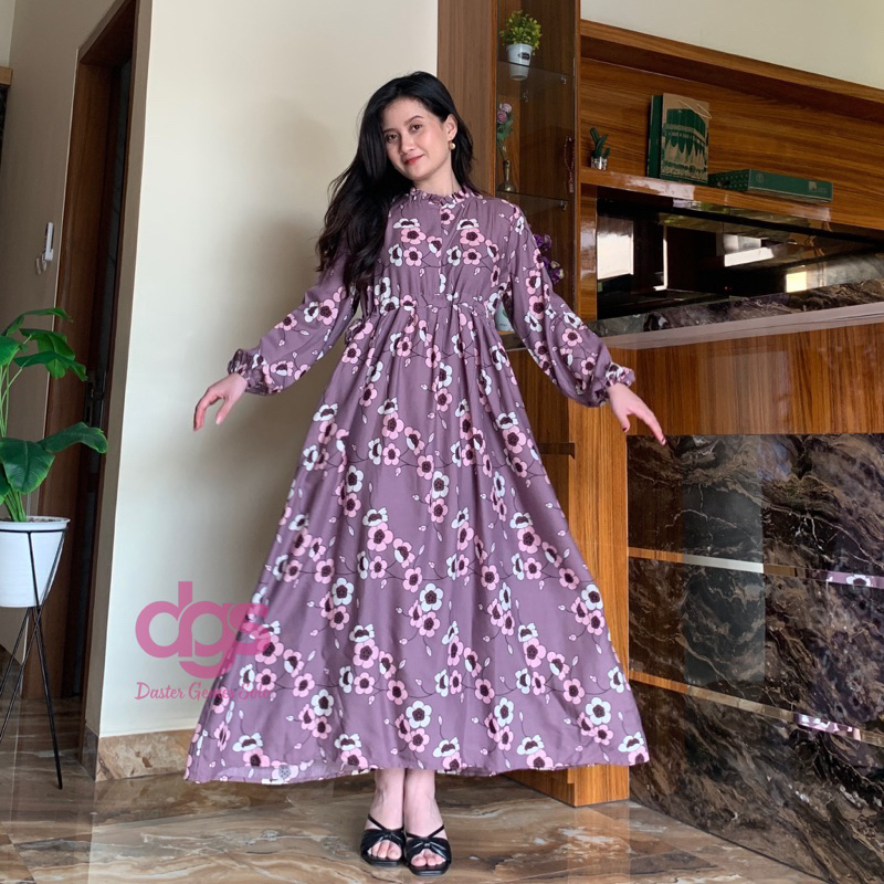 Jual Midi Dress Shakila Motif Bunga Lengan Balon Tali serut Krah ...