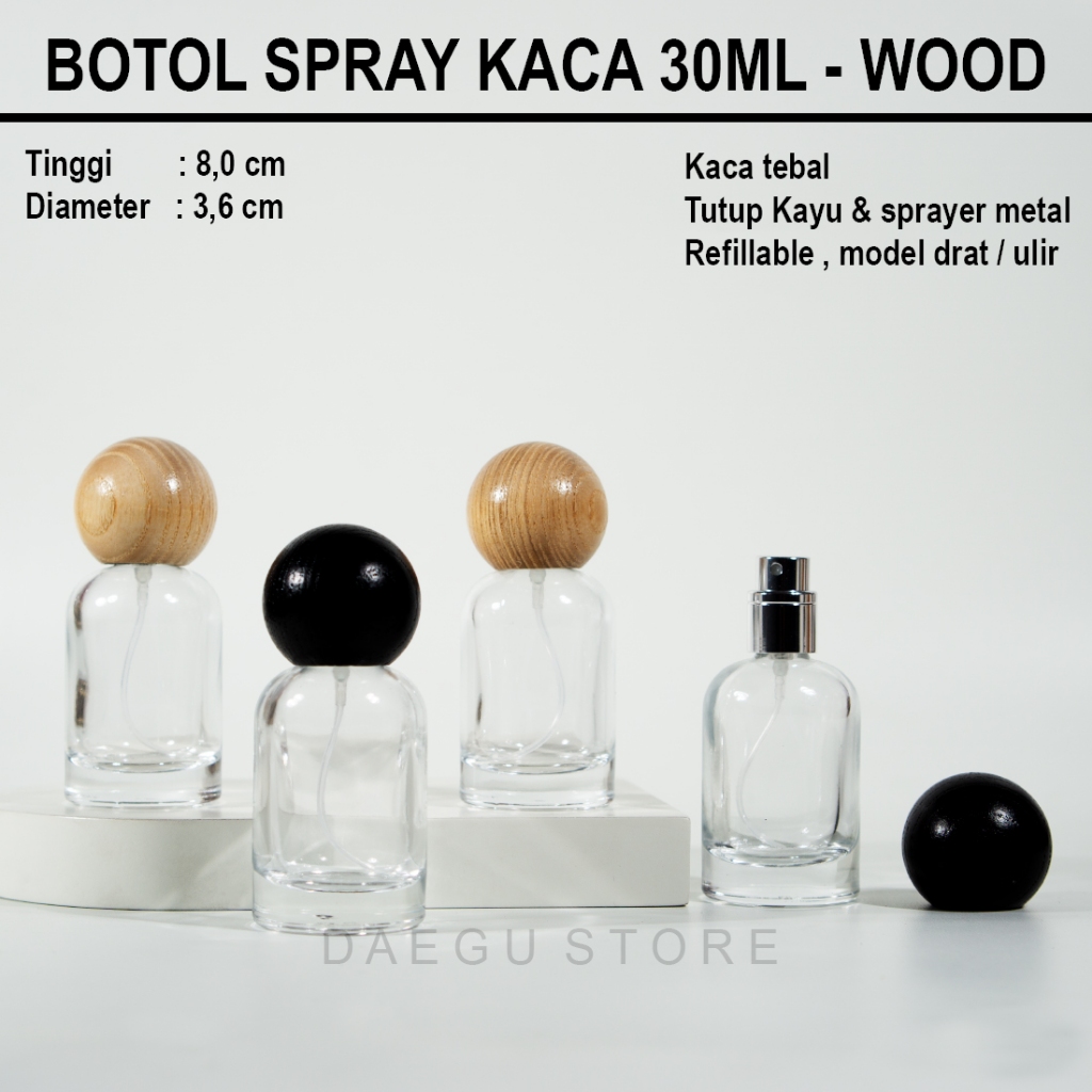 Jual Botol Botol Parfum 30ml Spray Kaca Tebal Tutup Kayu Bulat - Refillable Isi Ulang Travel ...