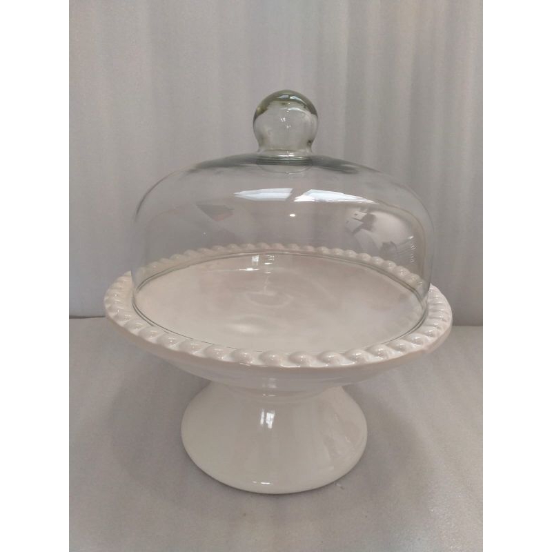 Jual ceramic cake stand with glass cover tempat kue tutup kaca besar ...