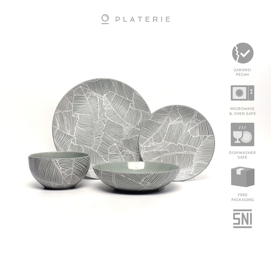 Jual PLATERIE Dinner Set Of 4 Piring/Mangkok Keramik Blue Palm Leaf ...