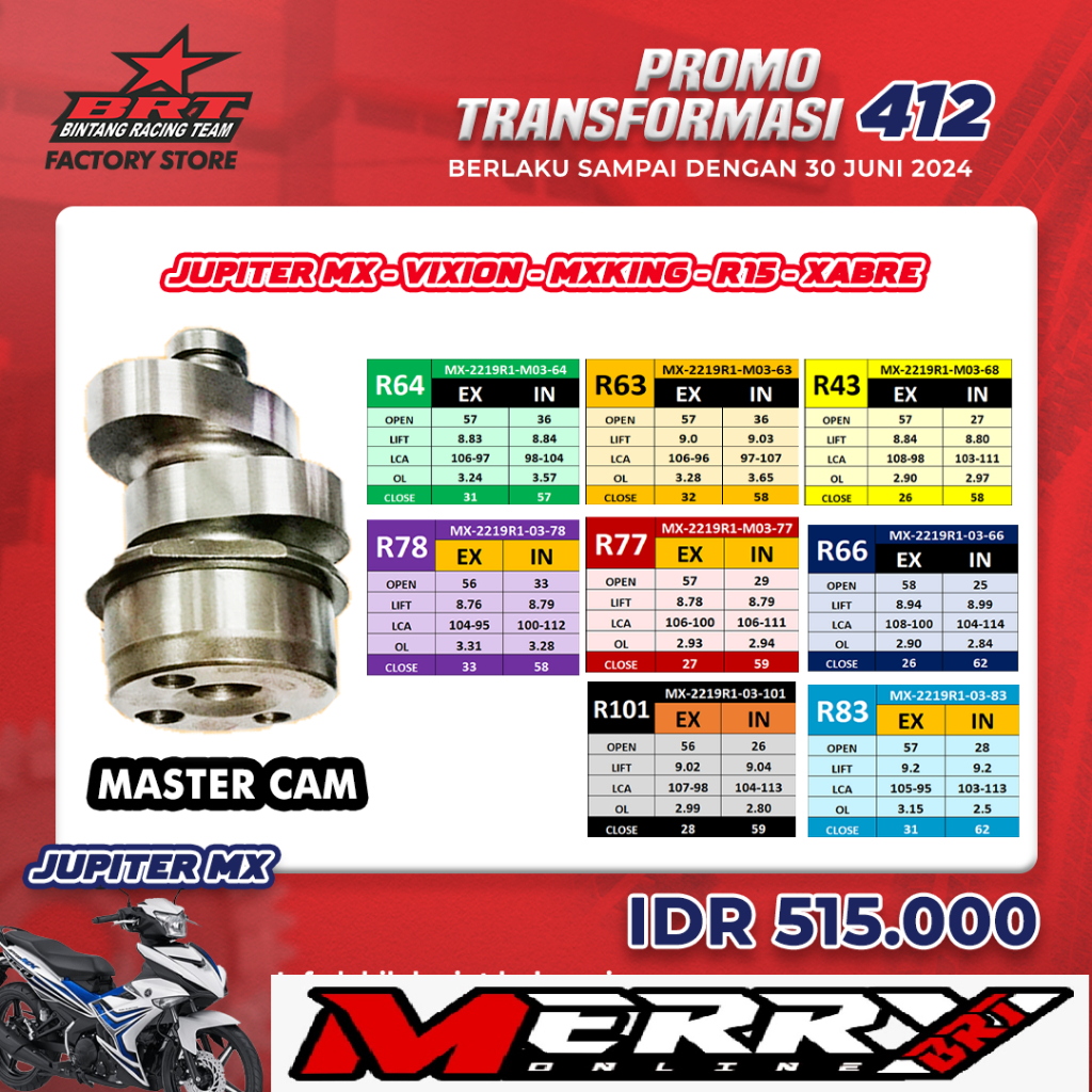 Jual Promo 412 Master Cam BRT Noken as MX King Jupiter MX Vixion NVL NVA R15 V2 R Series ...