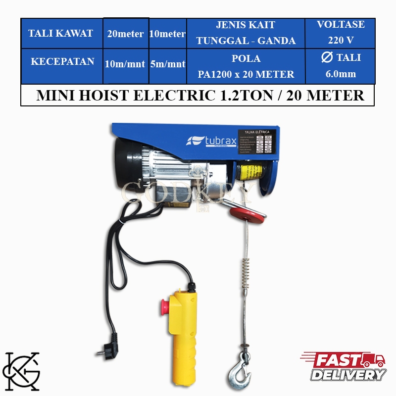 Jual JAPAN TUBRAX Mini Hoist Electric Kapasitas 1.2 ton 20 Meter PA1200 ...