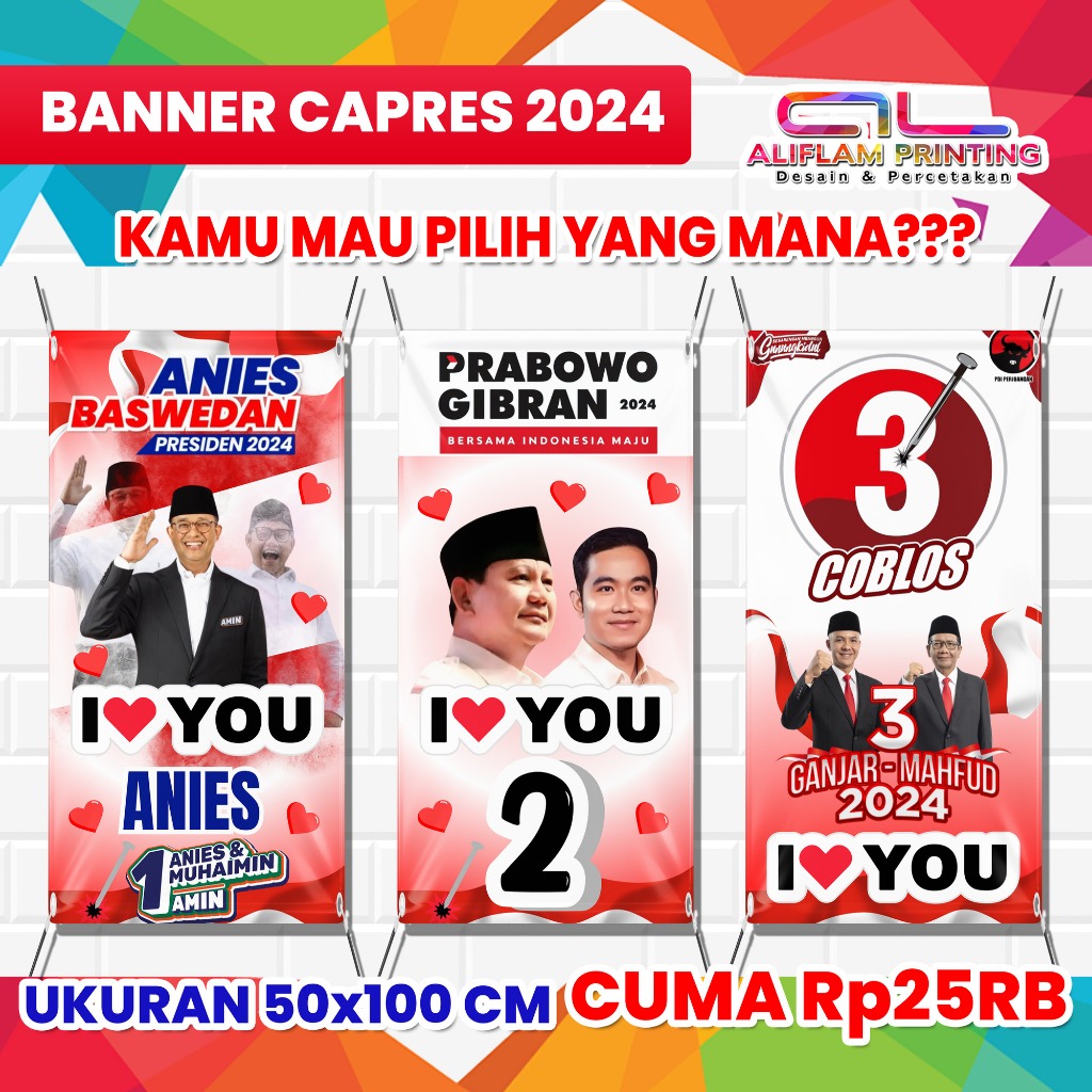 Jual BANNER/SPANDUK CAPRES 2024 | NOMOR 1, 2 & 3 | 1 HARI JADI GRATIS ...