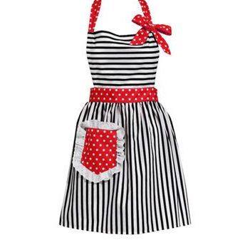 Jual Apron Vintage Celemek Katun Motif Garis SALUR polka merah Celemek ...