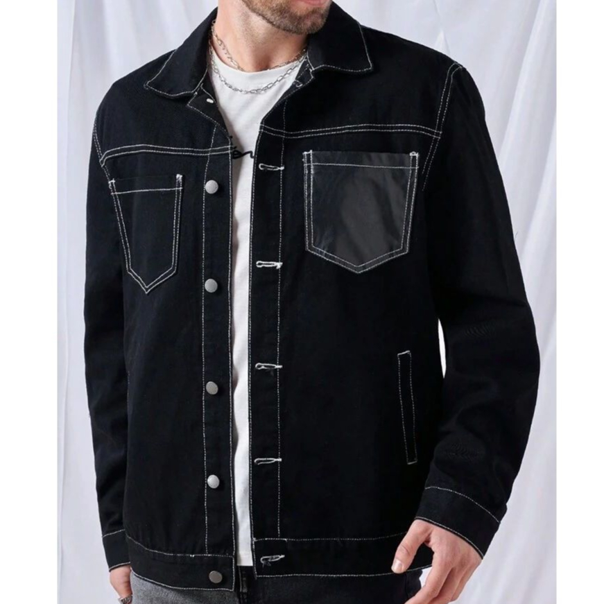 Jual MM_STORE Jacket Jeans Denim Polos Hitam Bordir kantong Kulit ...