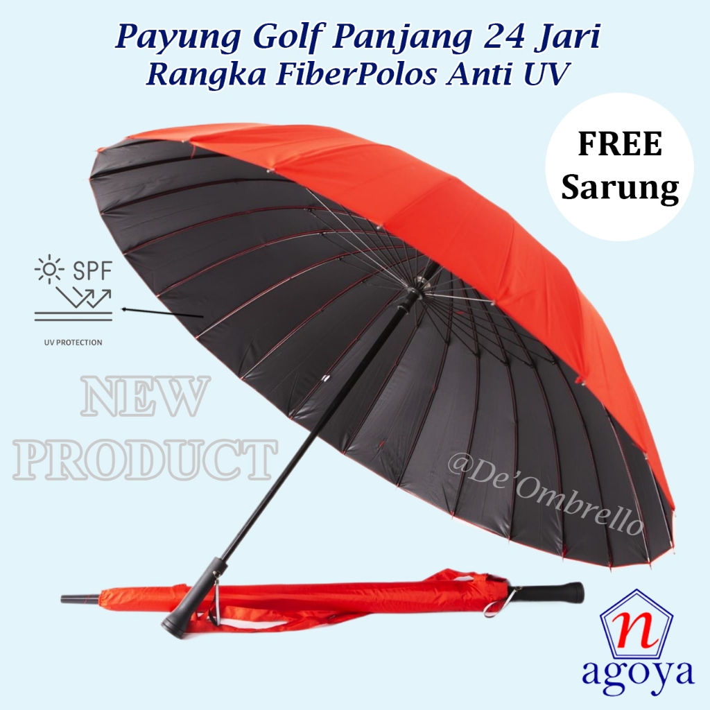 Jual (105)Payung Golf Panjang 24 Jari Rangka Fiber Polos Lapis Hitam Anti UV/Golf Polos Premium ...