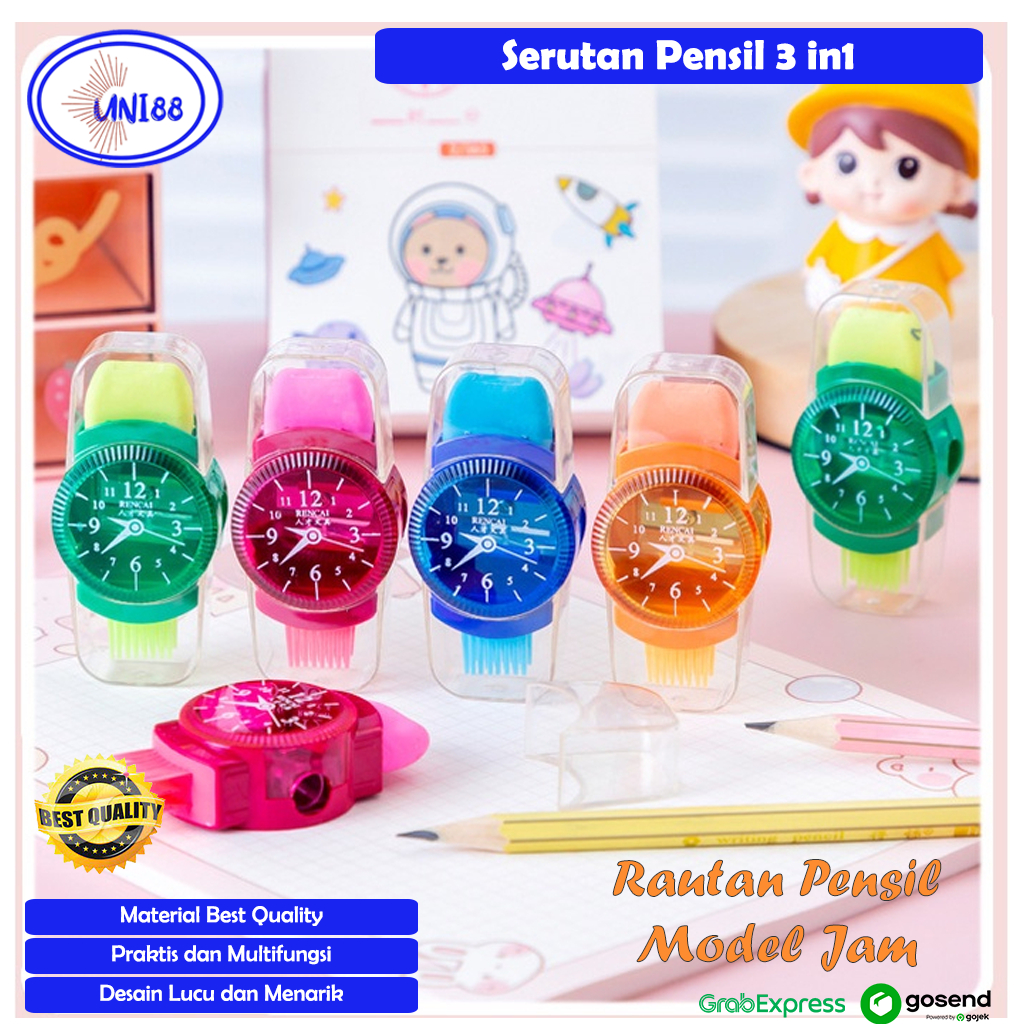 Jual Rautan Pensil 3 in 1 Serutan Manual Model Jam Penghapus Pencil ...