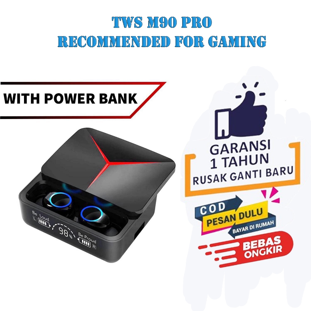 Jual M90 TWS Headset Bluetooth Gaming m10 mega bass Wireless Earphone 2in1 Powerbank 3500 mAh ...
