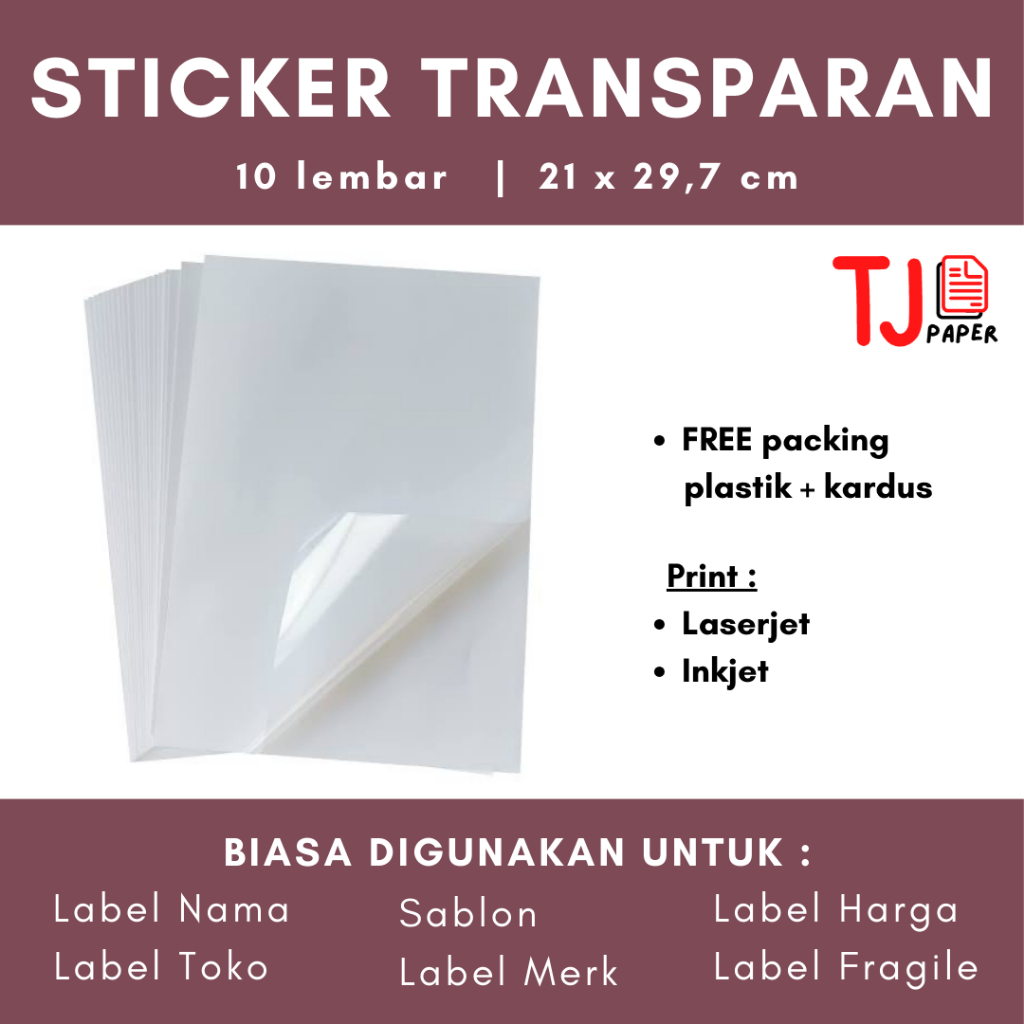 Jual (10 lembar) Sticker Transparan Vinyl - A4 - Inkjet | Shopee Indonesia
