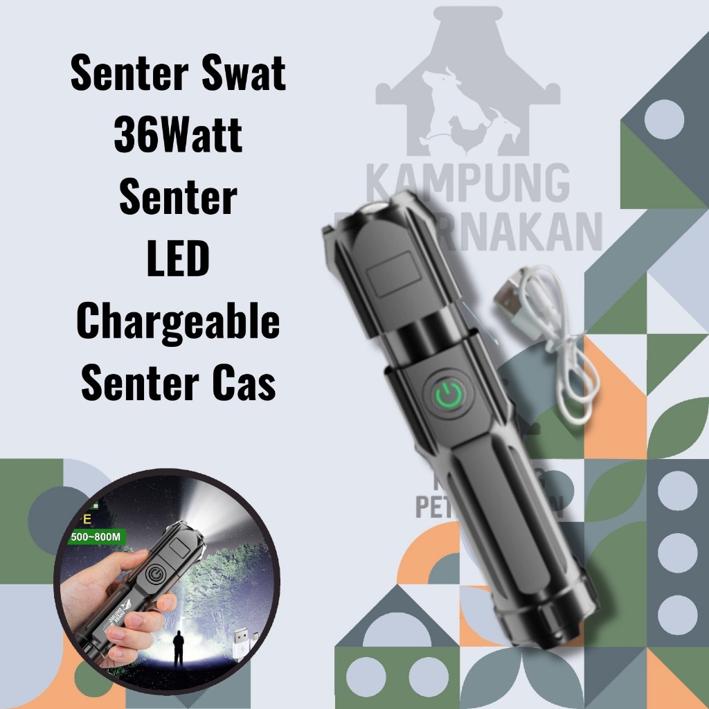 Jual Senter Swat 36Watt Senter LED Putih Chargeable Bisa Zoom ABS ...
