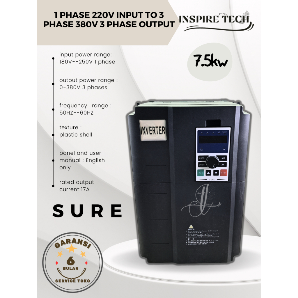 Jual Inverter Frekuensi VFD SURE 7.5KW 220v 1 phase input To 380v 3phase output Speed Controller ...