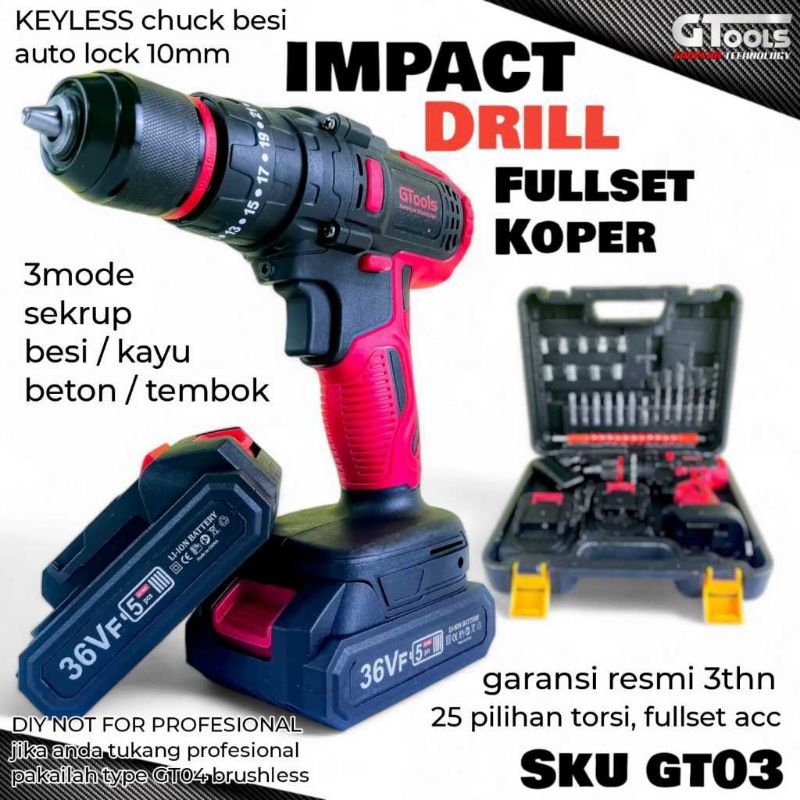Jual COD Bor cordless 36V GTOOLS EROPA GT03 impact drill MESIN bor baterai full fitur set ...