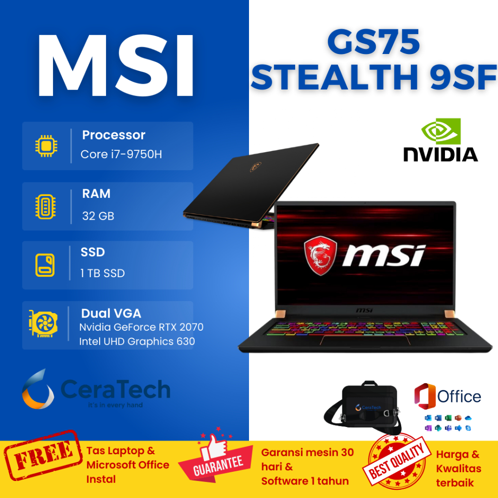 Jual Laptop Gaming RTX 2070 MSI GS75 Stealth 9SF Core i7 Gen 9 Dual VGA ...