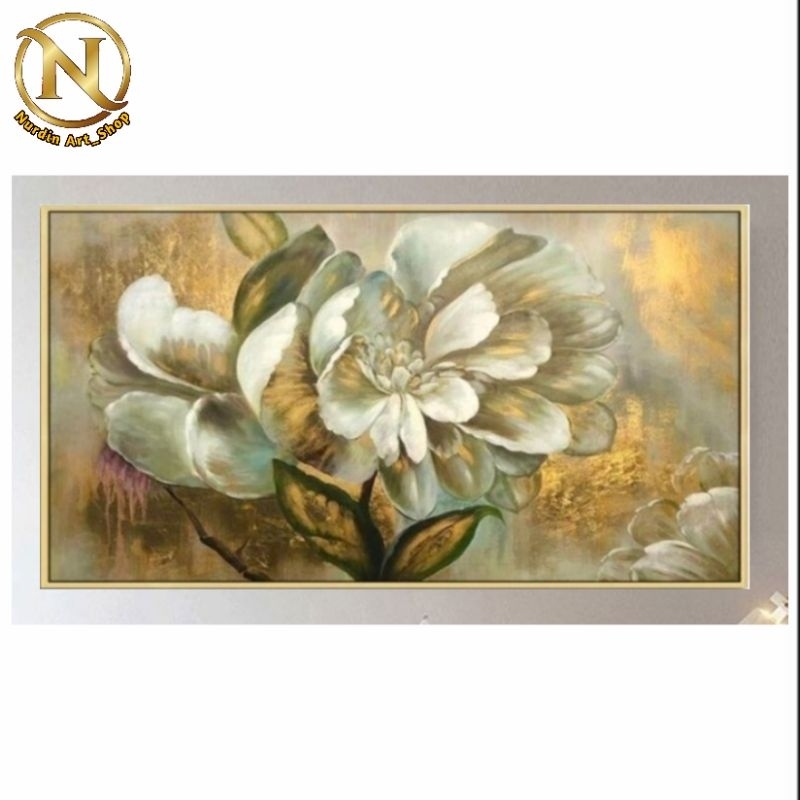 Jual Lukisan Bunga Modern tekstur gold//Hiasan dinding plus Frame ...