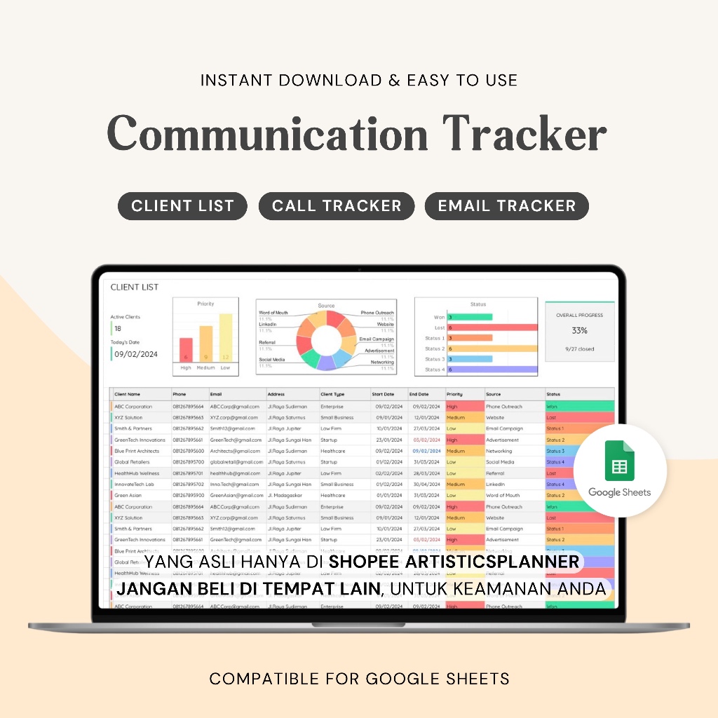 Jual Client Communication Tracker, CRM Lead Tracker, Small Business ...