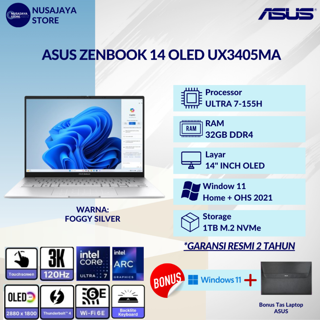 Jual ASUS Zenbook 14 OLED UX3405MA Ultra 7 155H 32G 1T 14" 3K Touch W11 ...