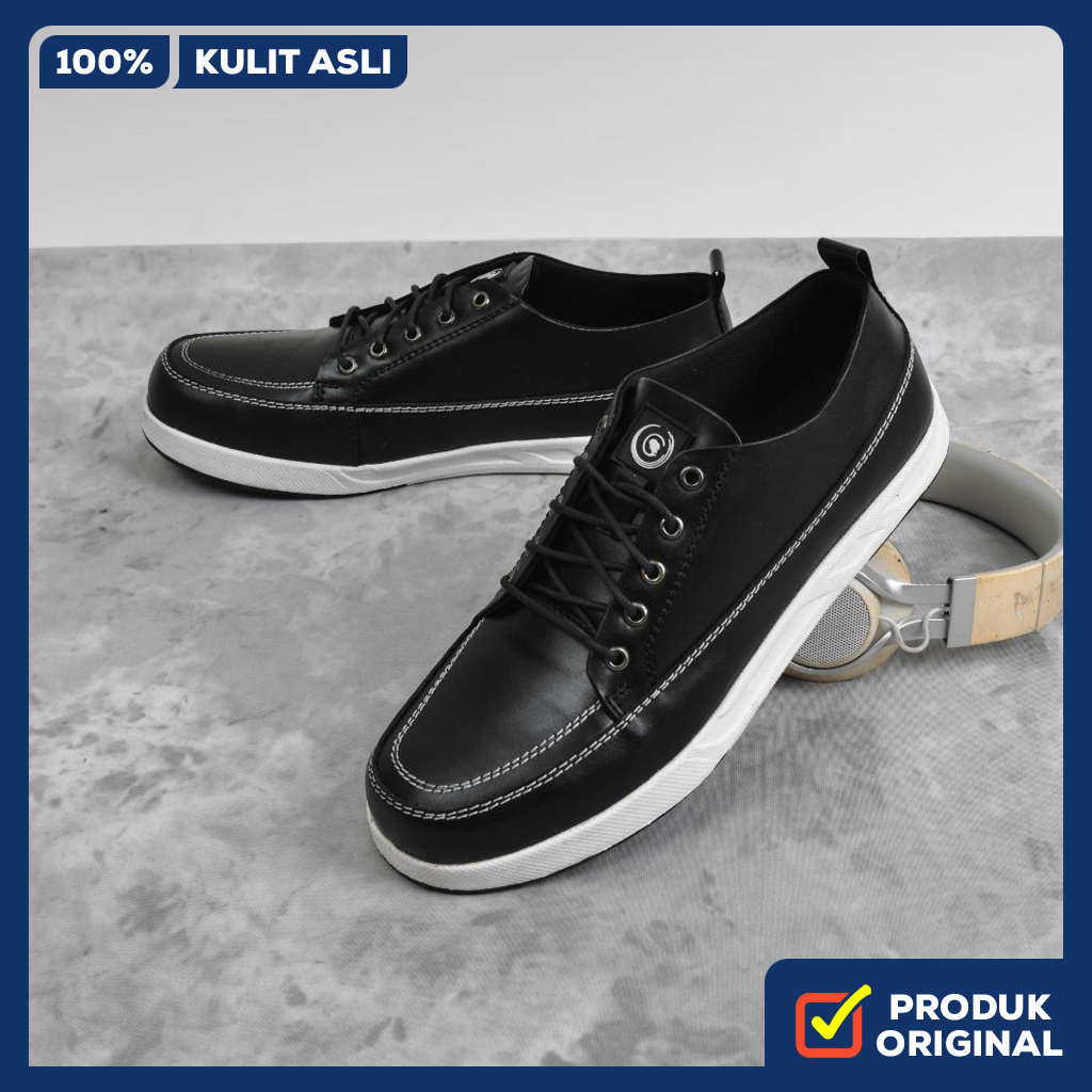 Jual JERRICK BLACK ORIGINAL x GREATA Sepatu Sneakers Kulit Sapi Asli Hitam Putih Pria Kets Tali ...