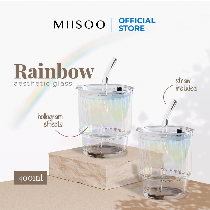 Jual MIISOO Gelas Minum Kaca Tutup Sedotan Motif Rainbow Gelas Kantor Gelas Kopi Gelas Teh ...
