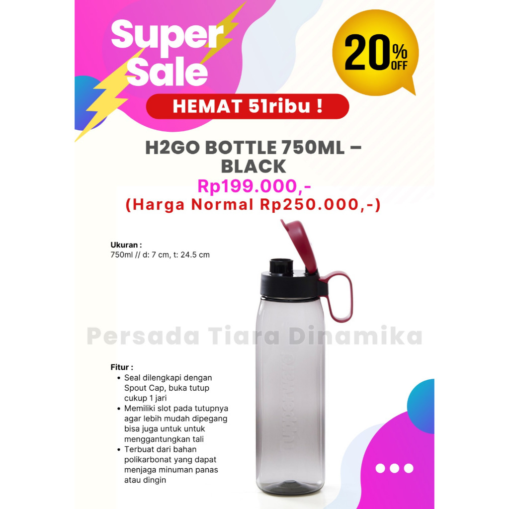 Jual TUPPERWARE BOTOL H2Go 750ML HITAM - BOTOL MINUM MENGGUNAKAN SEAL | Shopee Indonesia