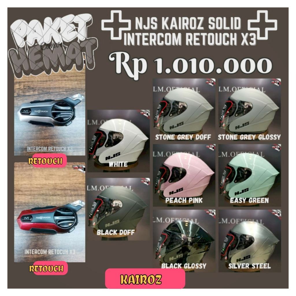 Jual [PAKET HEMAT] HELM NJS HALF FACE KAIROZ SOLID INCLUDE INTERCOM ...
