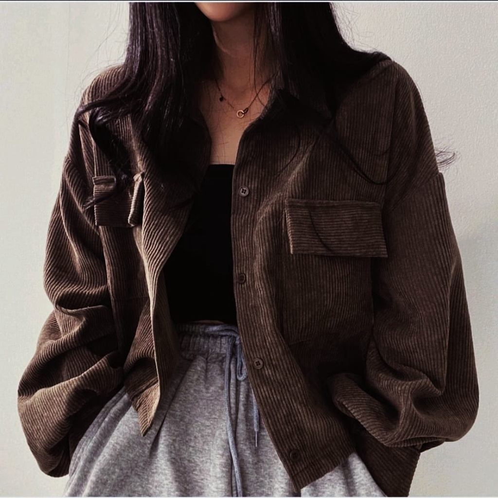 Jual [7 Warna]Jaket Corduroy Wanita Outer Crop Jacket Hitam Korean ...