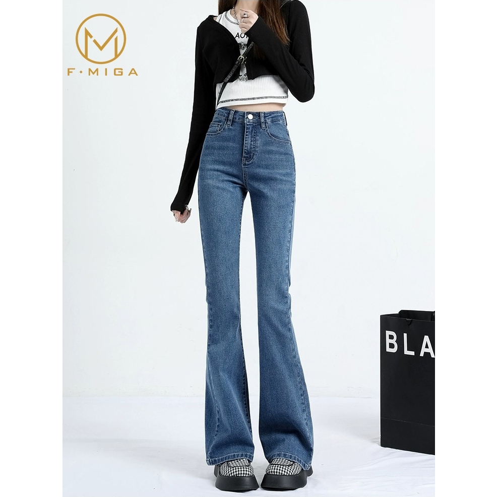 Jual F·MIGA C61 Biru retro Highwaist Stretch Cutbray Flare Celana Jeans ...