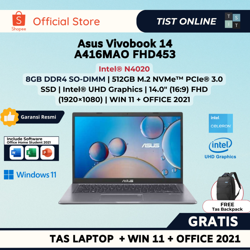 Jual Asus Vivobook 14 A416MAO FHD453 N4020 8gb 512ssd W11+OHS 14.0FHD ...