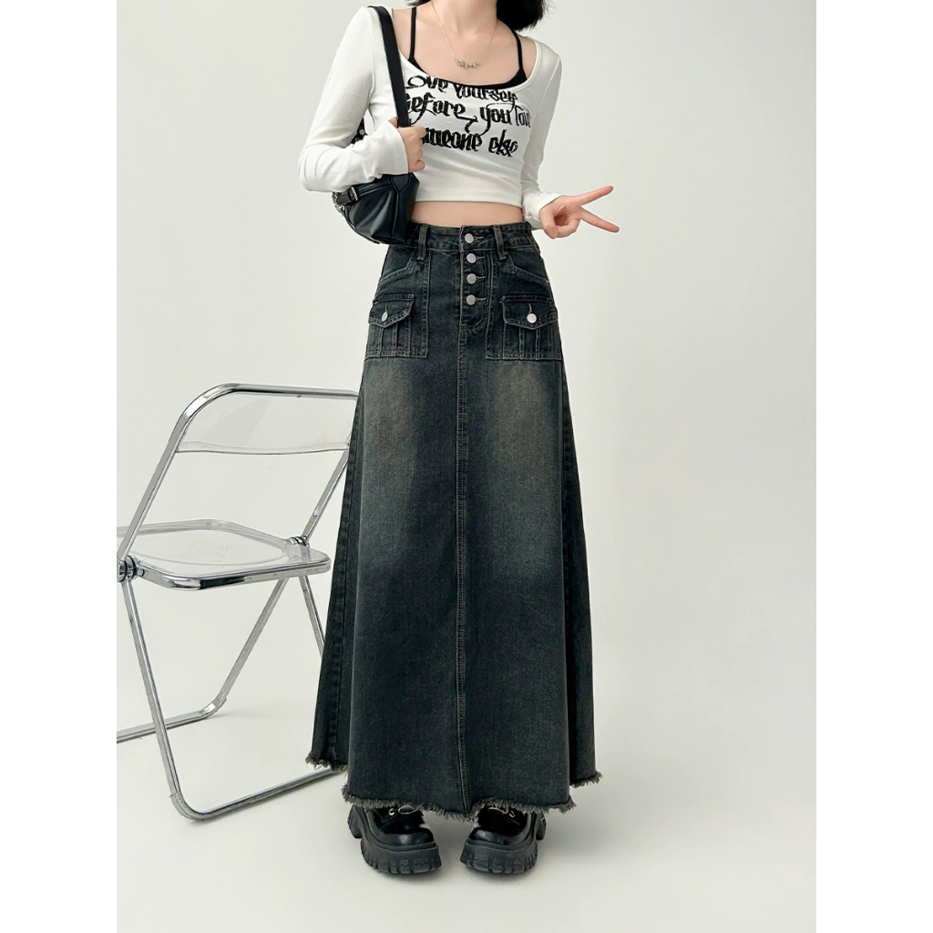 Jual Rok Korean Style High Waist Rok Jeans Panjang Fashion Rok A-line ...