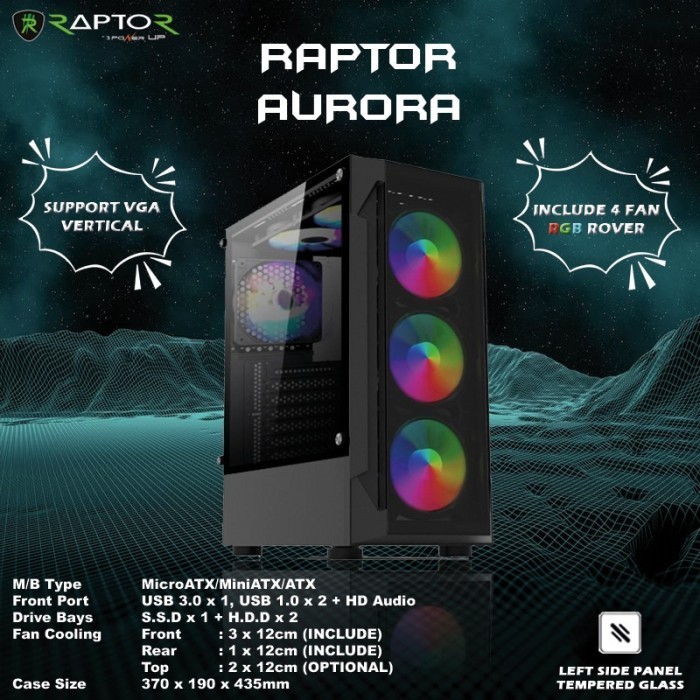 Jual Casing Gaming RAPTOR AURORA - include 4 FAN RGB | ATX/m-ATX/Mini ...