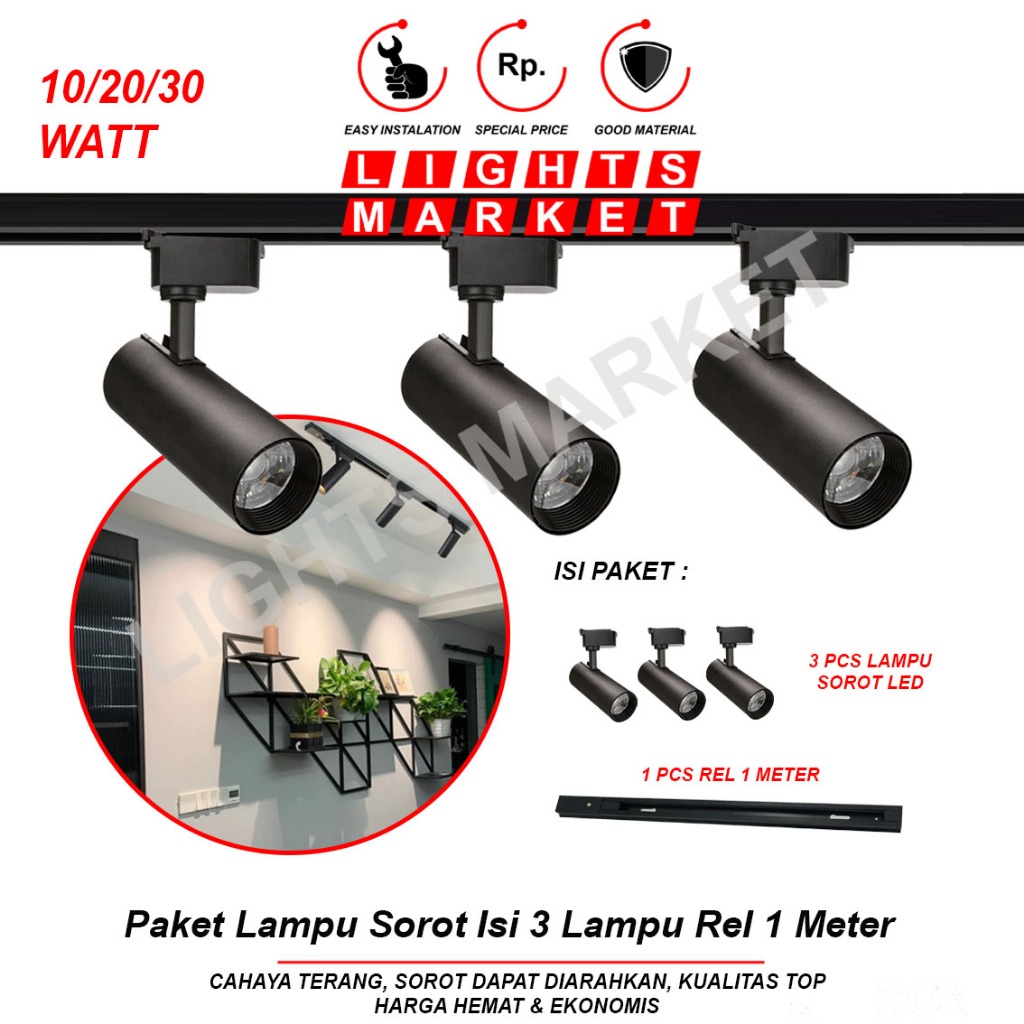 Jual Paket Lampu Sorot LED Rel 1 Set Isi 3 Spotlight Track Light Rell ...