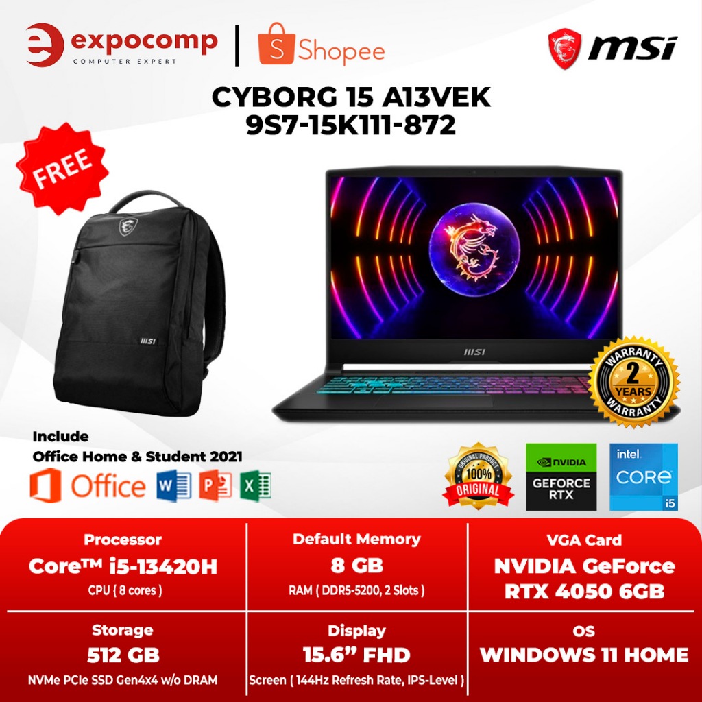 Jual MSI GAMING CYBORG 15 A13VEK 9S7-15K111-872 CORE i5-13420H RTX4050 8GB 512GB WIN11+OHS ...
