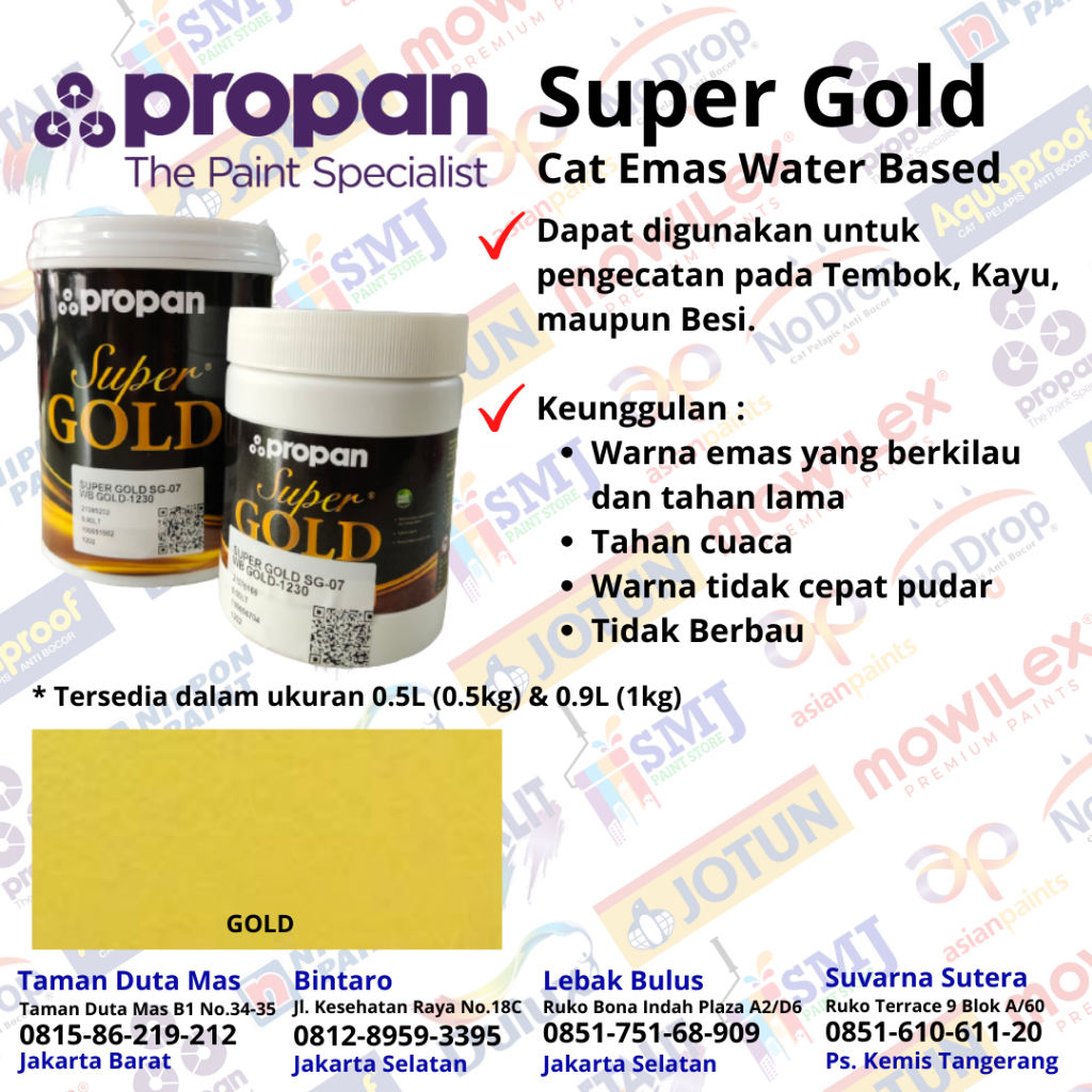 Jual CAT EMAS TEMBOK KAYU BESI WATER BASE PROPAN SUPER GOLD 0,5L ...