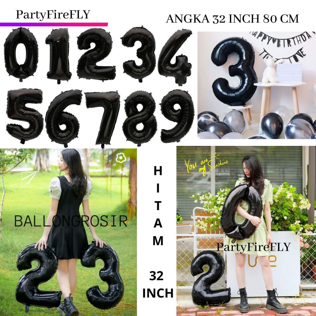Jual Balon Angka warna Hitam Jumbo Ukuran 80 cm 32 Inch 0-9/Balon Angka ...