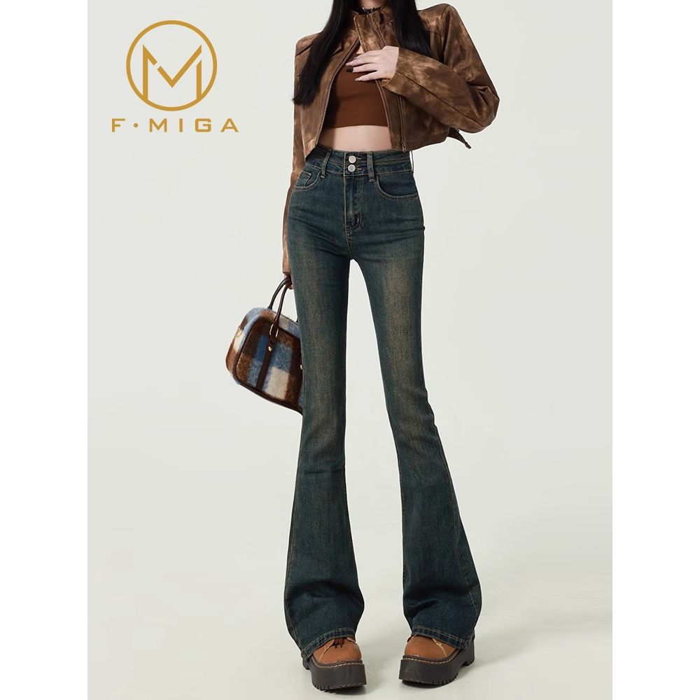 Jual F·MIGA C61 Biru retro Highwaist Stretch Cutbray Flare Celana Jeans ...