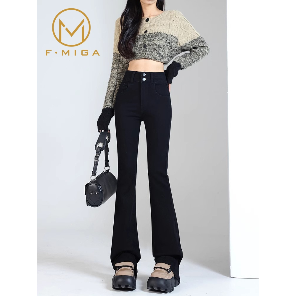 Jual F·MIGA C61 Biru retro Highwaist Stretch Cutbray Flare Celana Jeans ...