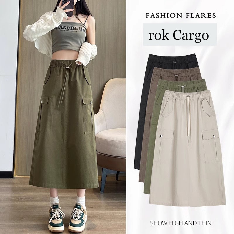 Jual Rok cargo jumbo/rok hijau cargo highwaist panjang/skirt 7/8 ...
