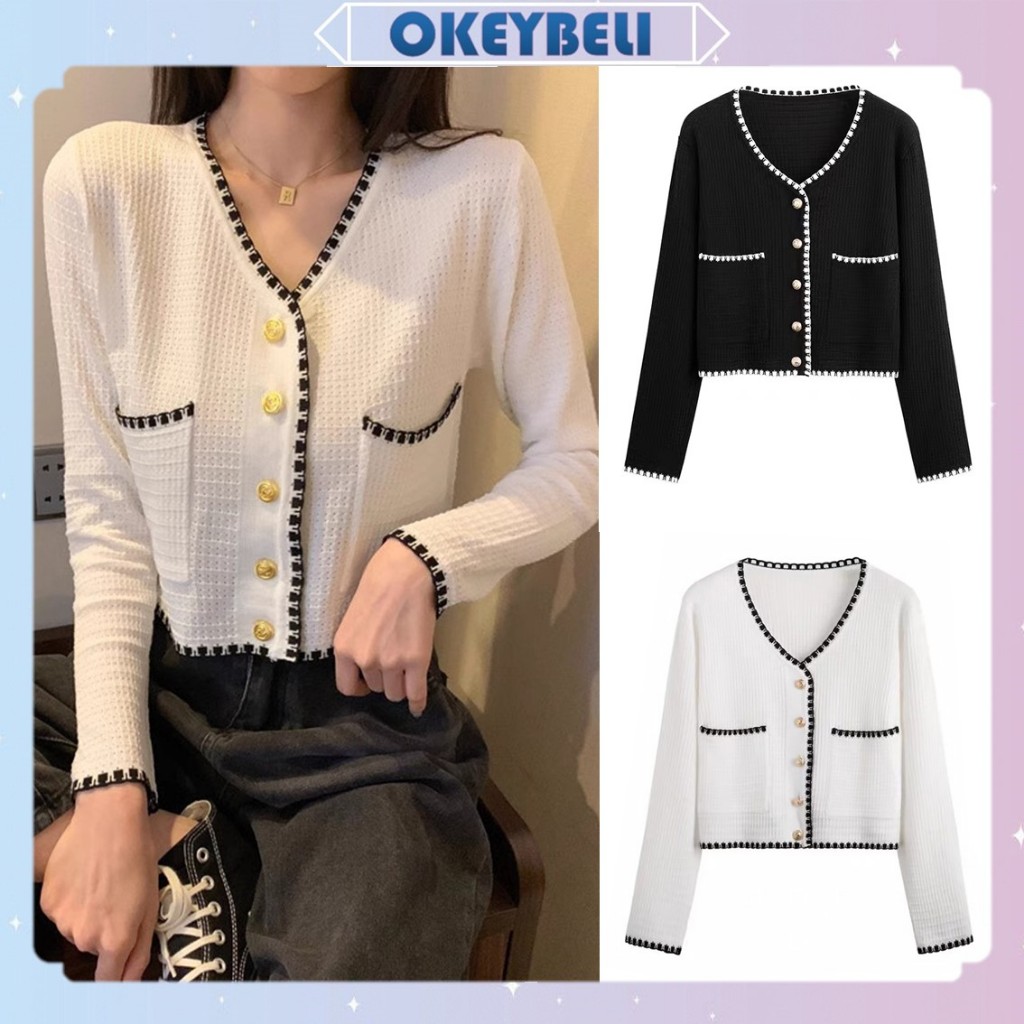 Jual •OKEY BELI•BJ1543 Kardigan Crop Vintage Baju Atasan Wanita Outer Lengan Panjang Korean ...
