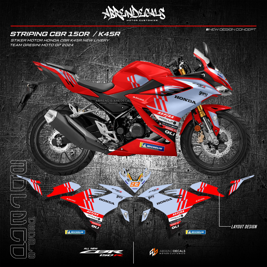 Jual Stiker CBR 150 R New K45R Livery Gresini Team Moto GP 2024 / Striping Honda CBR 150R New ...
