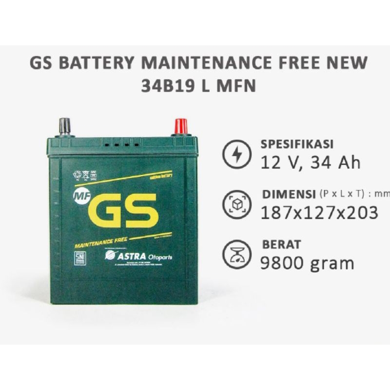 Jual Aki/battery kering GS Astra 34B19L MF (34AH) mobil Agya, Sigra, Brio, Mobilio, Jazz, Freed ...
