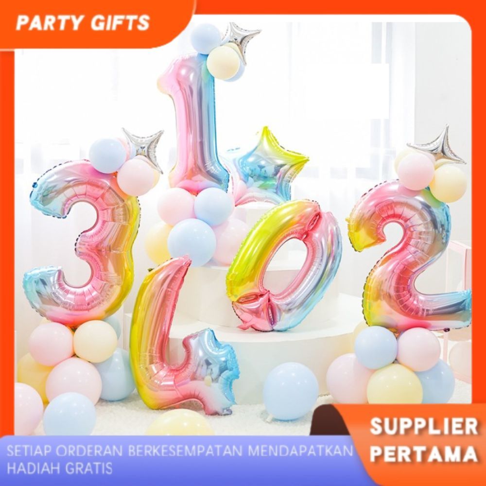 Jual Balon Foil Angka 0-9 Warna Gold Rainbow 80 cm 32 Inch Balon Angka ...