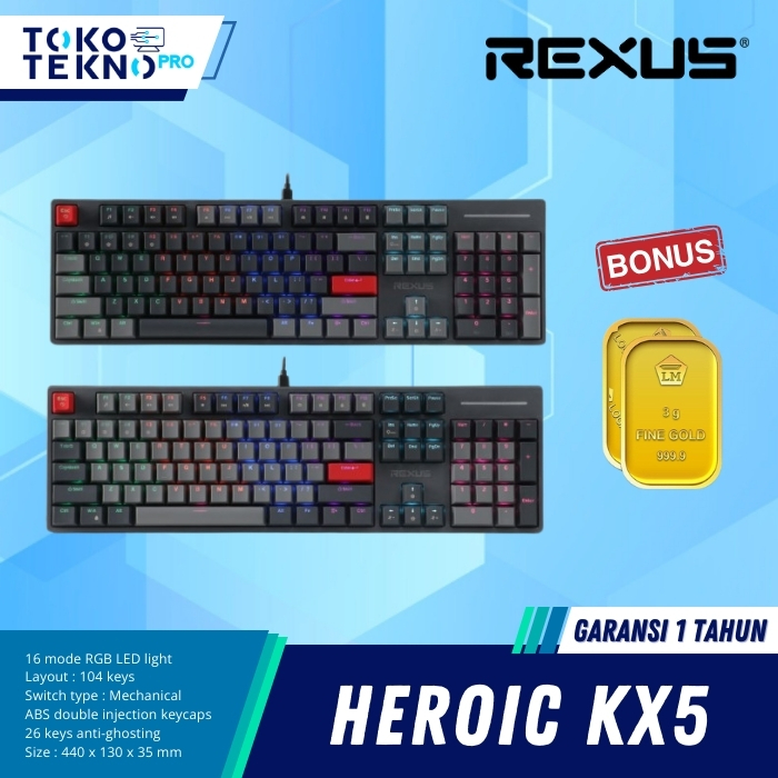 Jual Rexus Heroic KX5 / KX-5 RGB Mechanical Gaming Keyboard Fullsize | Shopee Indonesia