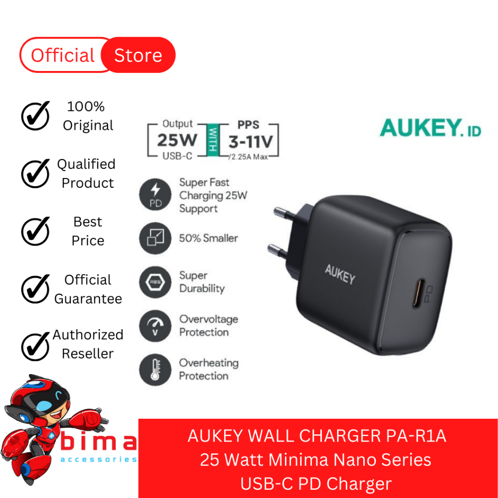 Jual AUKEY Adapter Wall Charger USB C PD 25W Minima Nano Type-C PA-R1A Charger Aukey PA-R1A ...