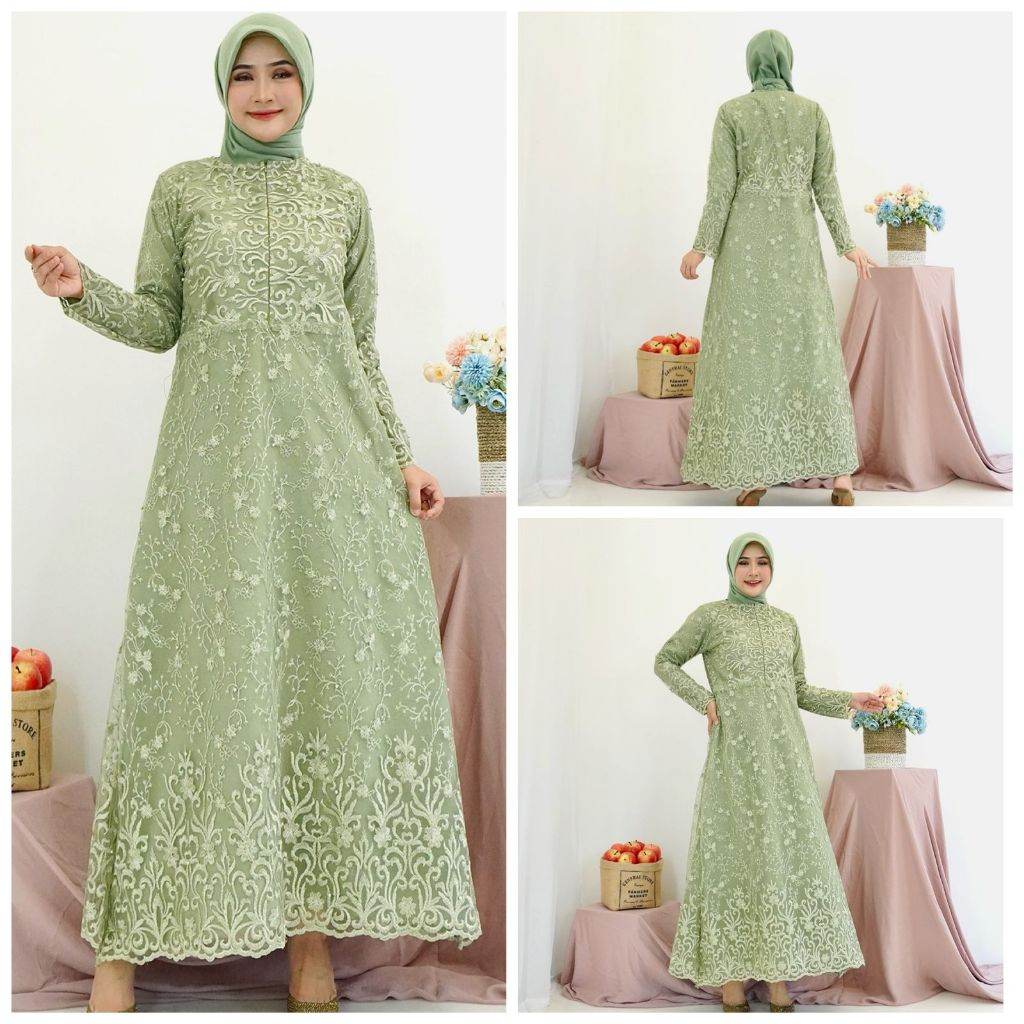 Jual (FULL BRUKAT) GAMIS SARAH TILE ALLSIZE & JUMBO BIGSIZE XXL MAXI DRESS LEBARAN DRES IDUL ...