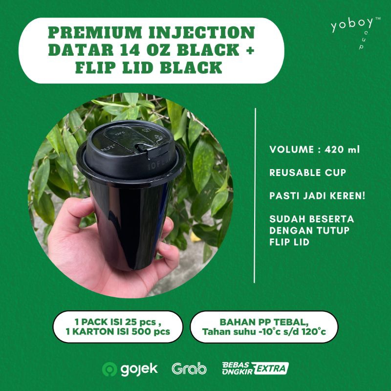 Jual CUP PREMIUM INJECTION DATAR 14Oz HITAM + TUTUP FLIP LID INJECTION ...